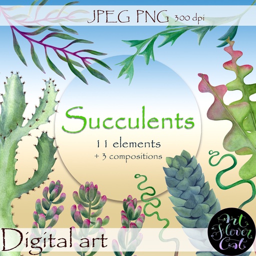 Watercolor Succulents Cactus Clipart • Print 300 dpi | Online Supermarket