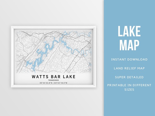 Printable Map Watts Bar Lake, Tennessee, United States | Online Supermarket