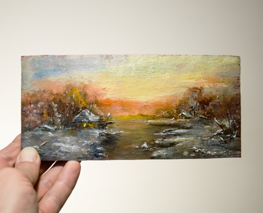 Miniature panorama painting with winter landscape River in | Online ...