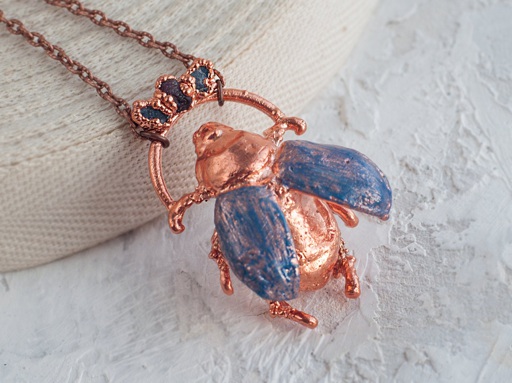 Statement blue beetle necklace, electroformed real rhinoceros bug ...